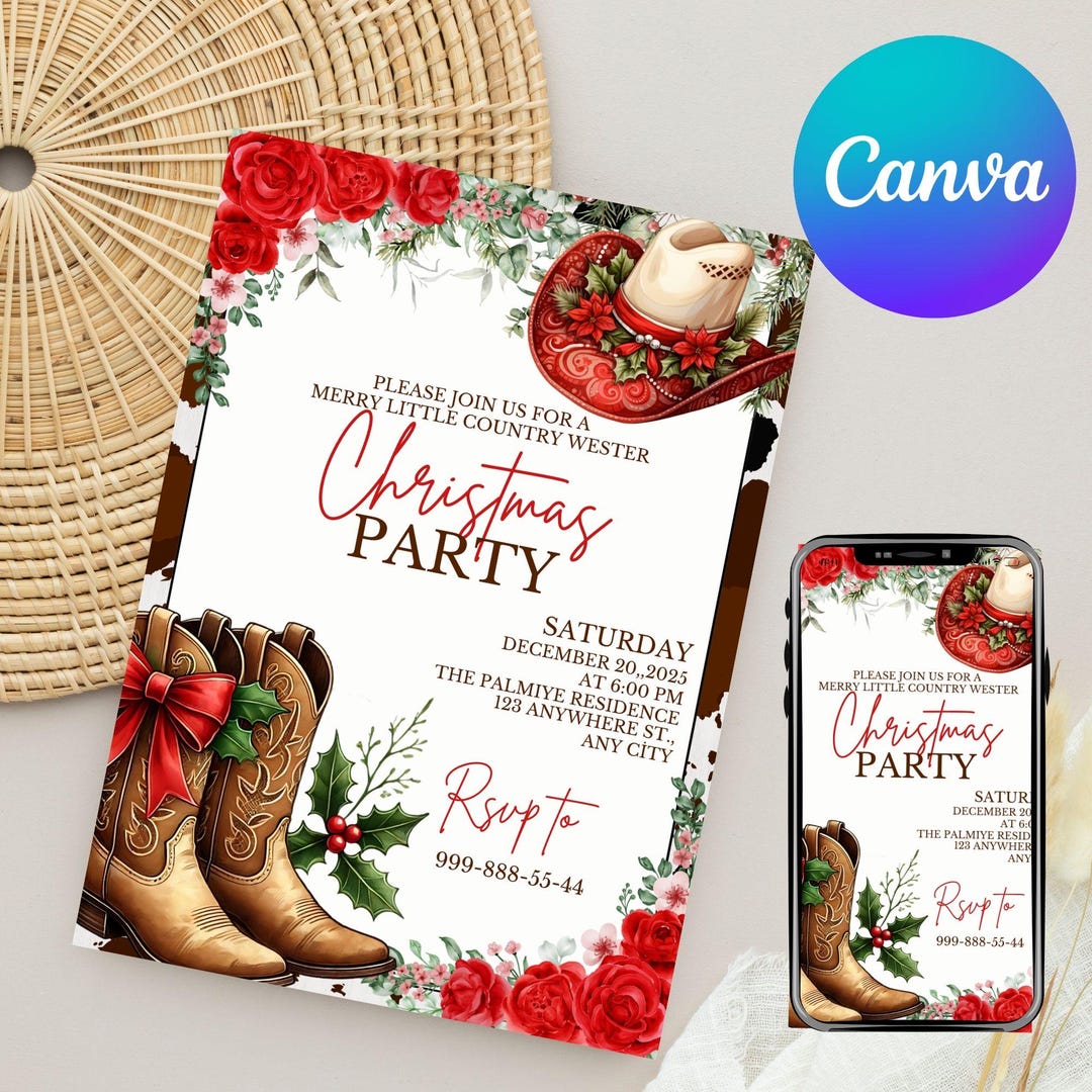 Western Christmas Party Invitation Canva Template,cowboy Christmas ...