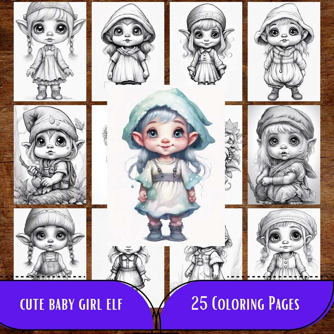 Cute Baby Girl Elf Coloring Book,fantasy Grayscale Magic Coloring Book ...