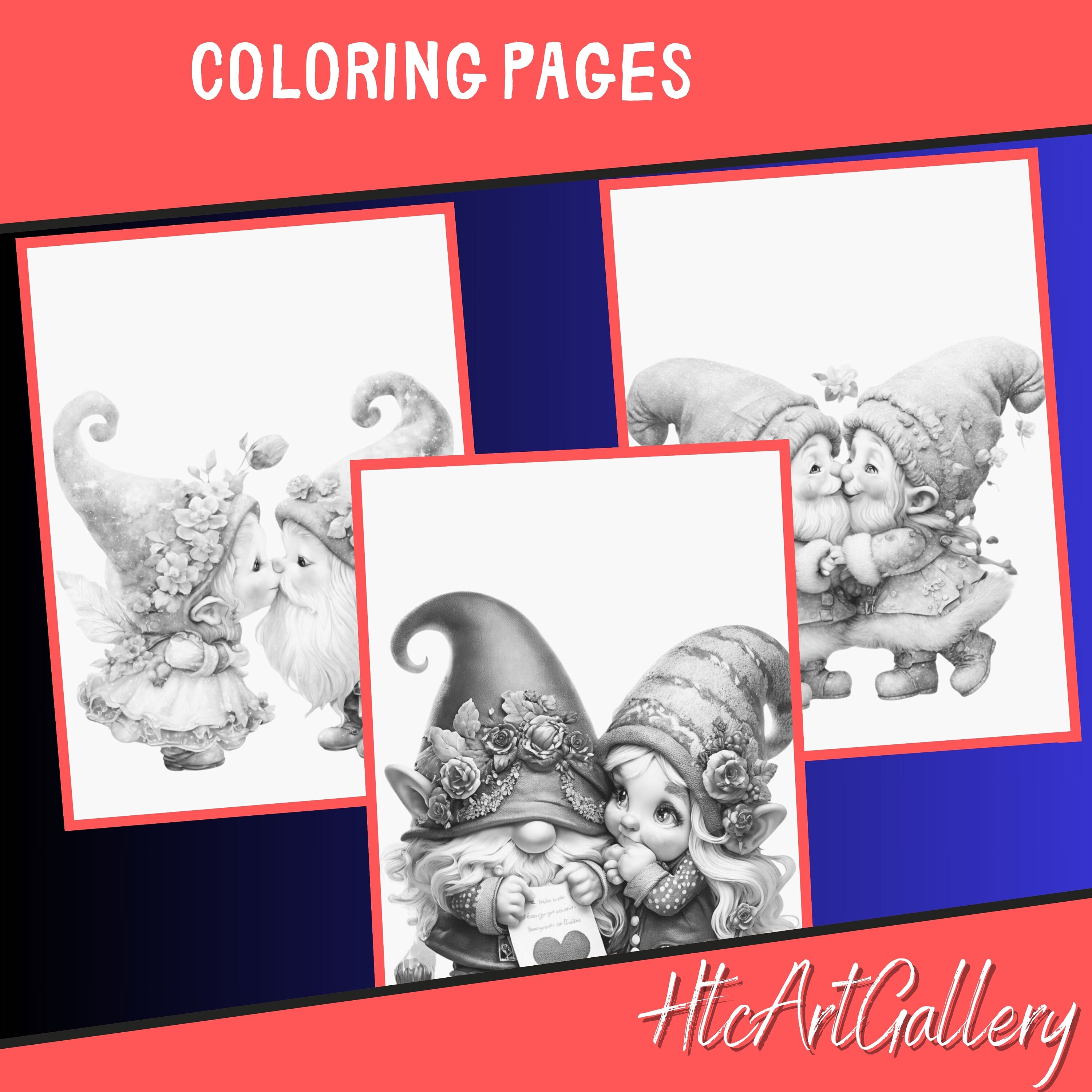 Gnomes in Love Coloring Pages for Kids & Adults, Fantasy Adorable Gnome ...