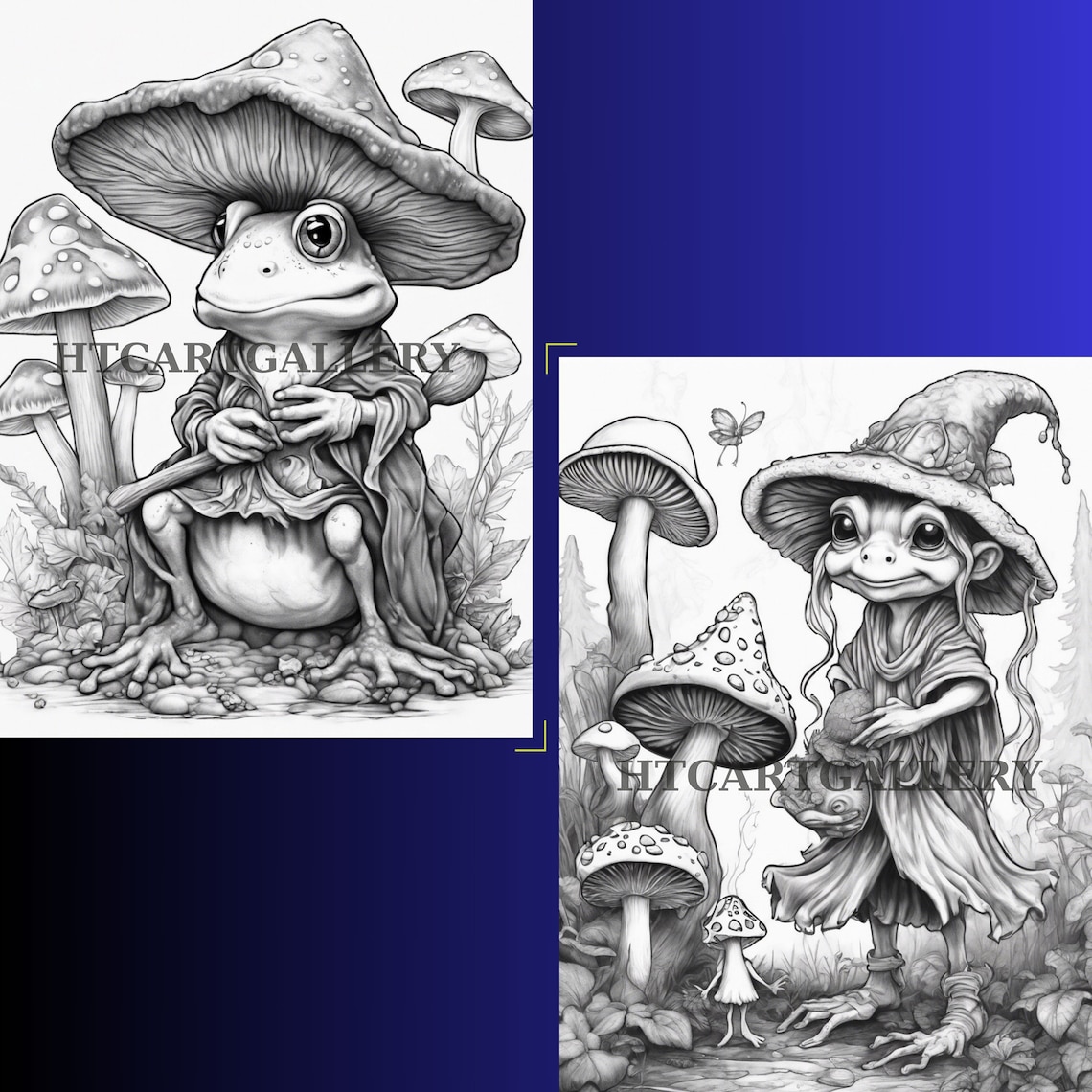35 Magician Mushroom Frogs Coloring Pages, Grayscale Fantasy Coloring ...