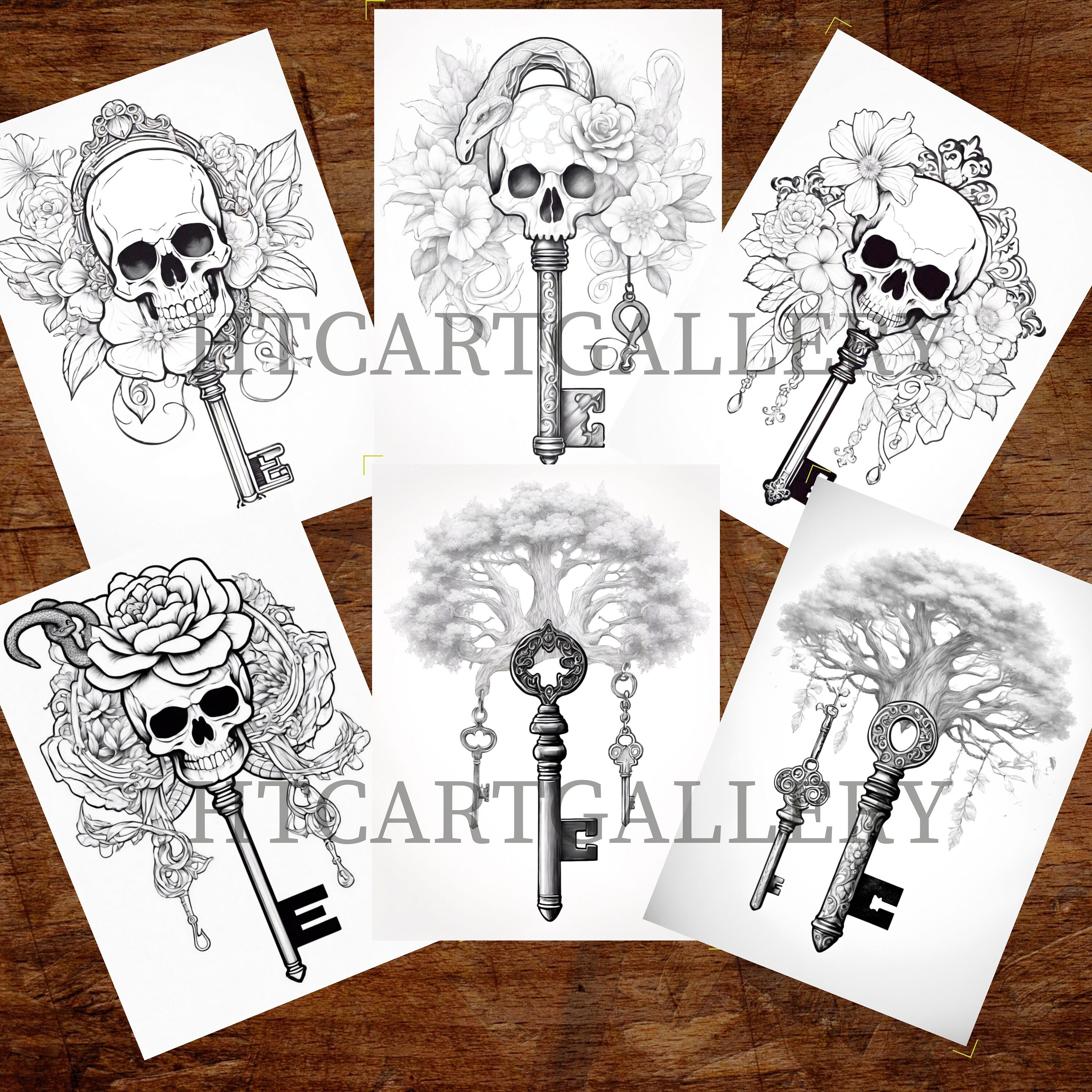Fantasy Magical Keys Coloring Pages,flower, Skull,key and Heart Adult ...