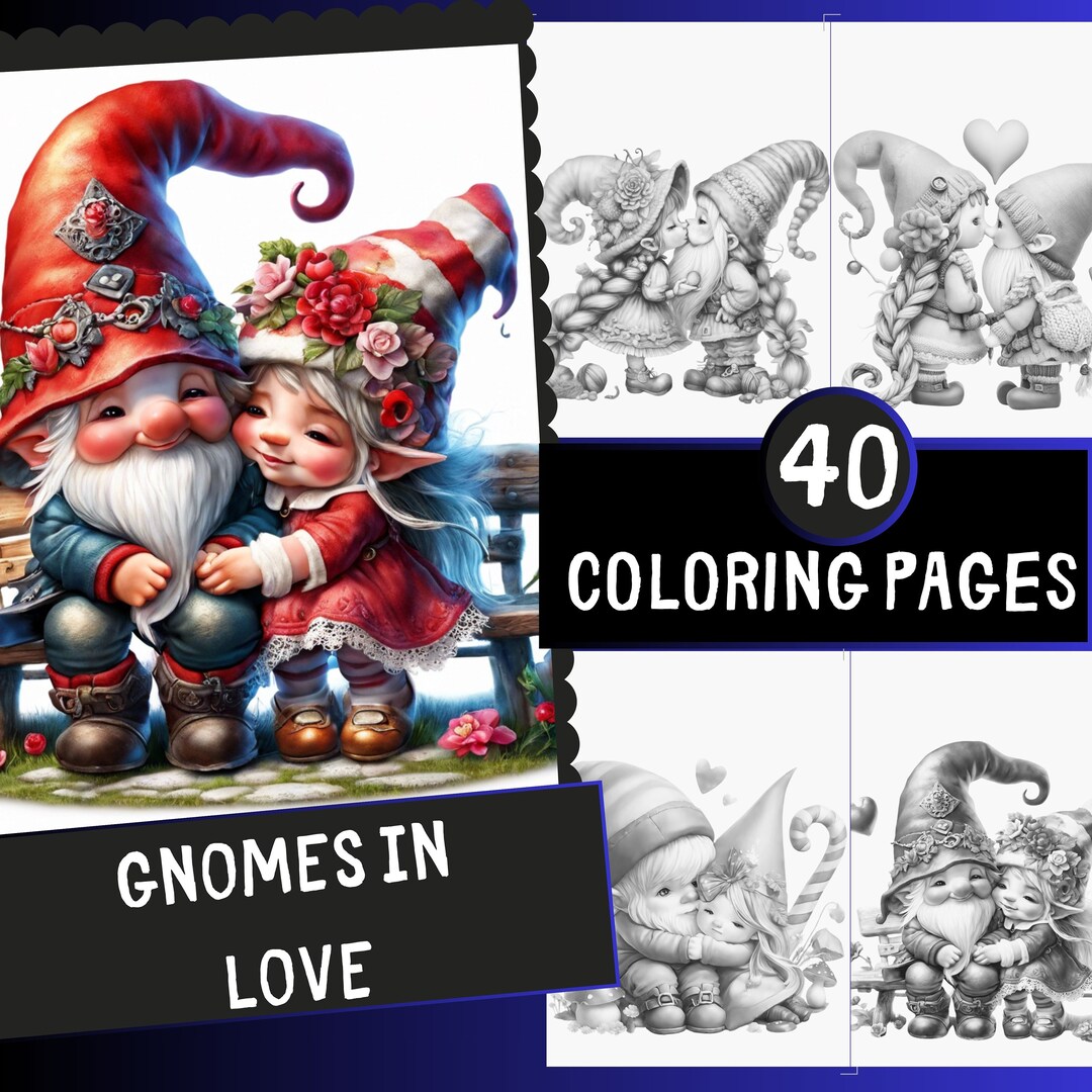 Gnomes in Love Coloring Pages for Kids & Adults, Fantasy Adorable Gnome ...