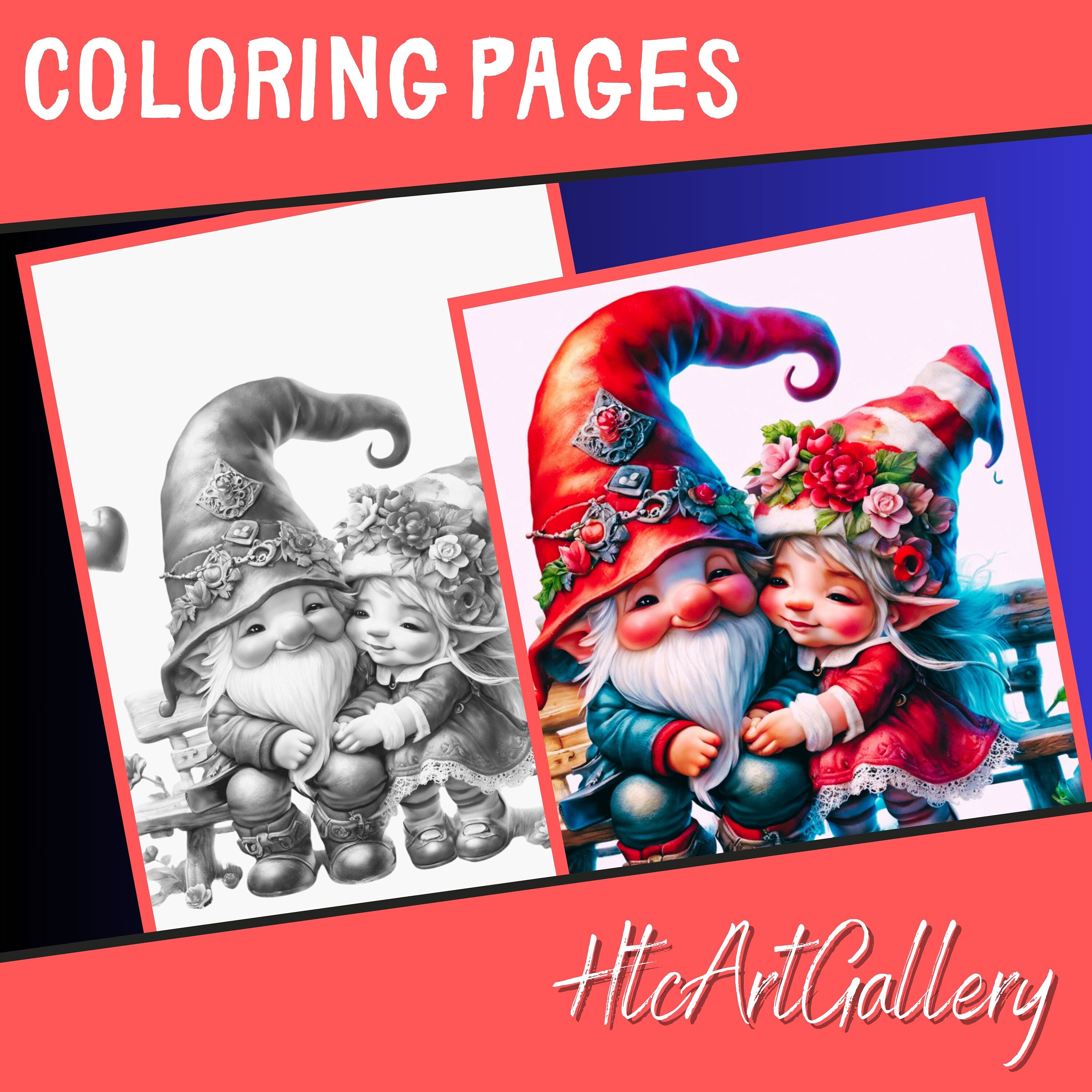 Gnomes in Love Coloring Pages for Kids & Adults, Fantasy Adorable Gnome ...