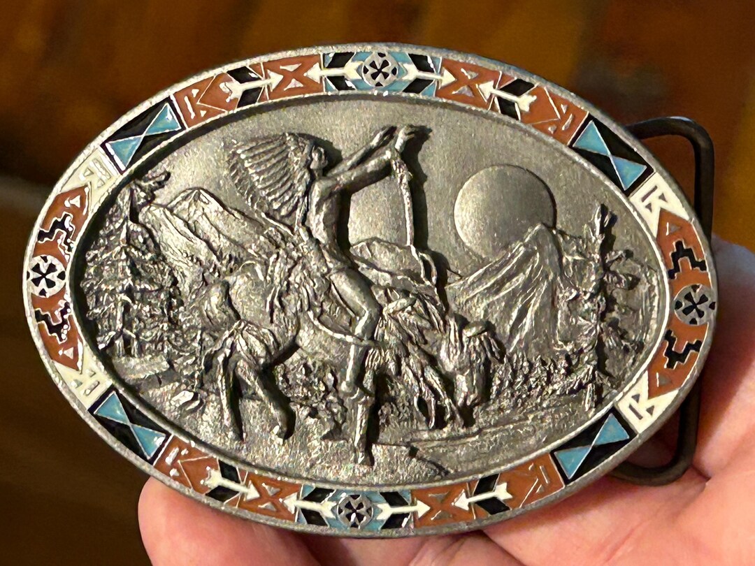 Native American Chief Joseph Prayer Belt Buckle, Enamel Borders, Pewter ...