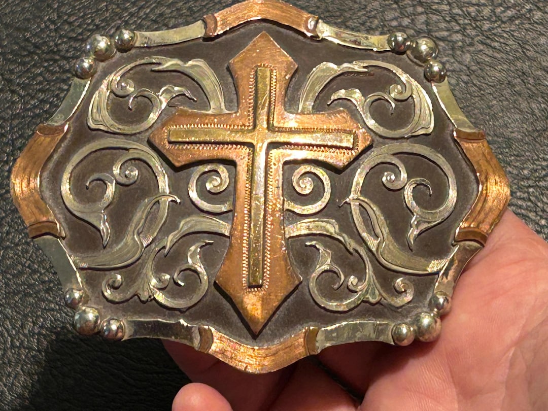 Ornate Religious Cross (embossed), Brass and Chrome Belt Buckle, by ...