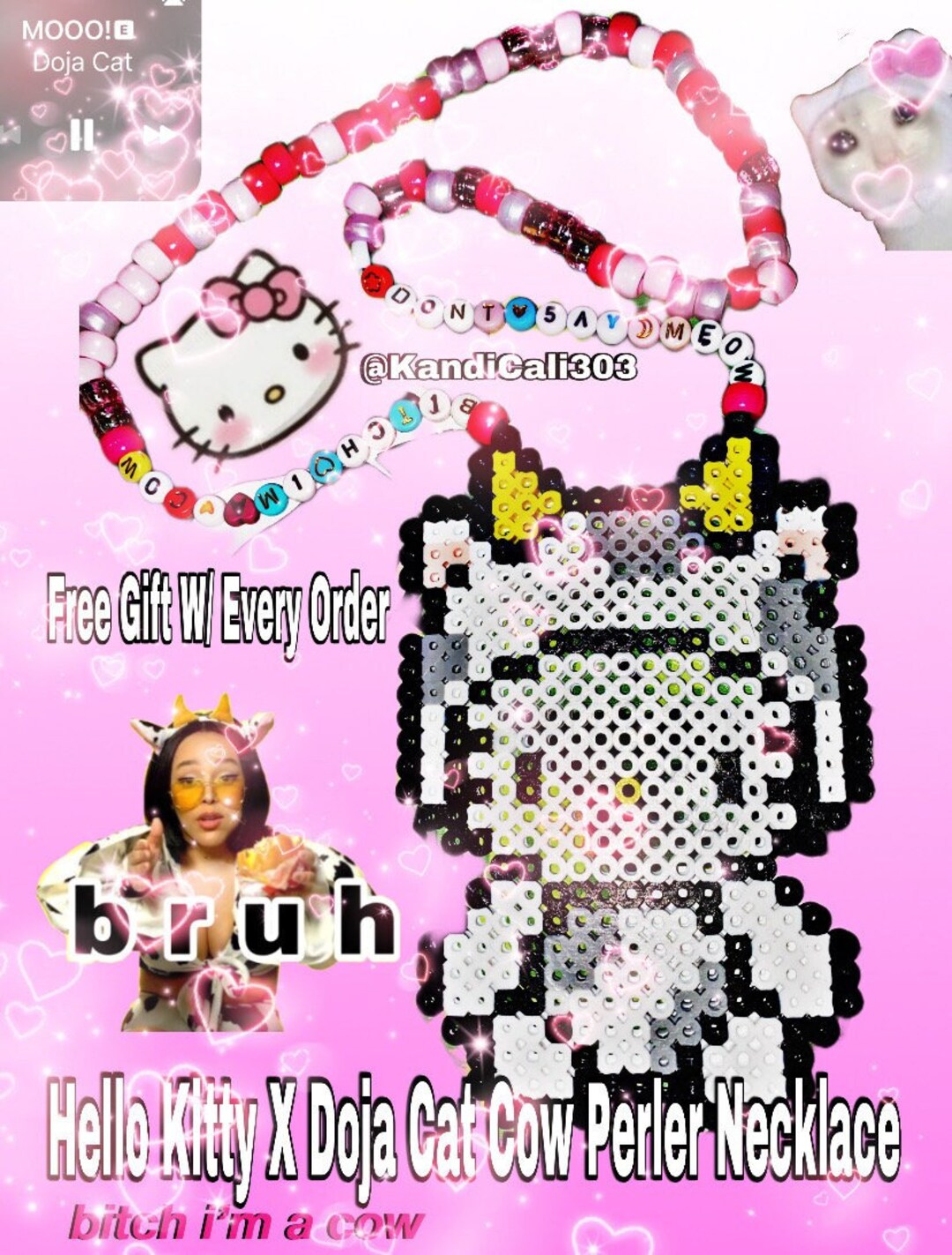 Rave Kandi Perler Necklace - Hello Kitty X Doja Cat Cow - Rave ...