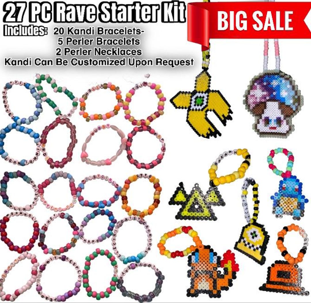 27 Rave Kandi Starter Kit- 20 Custom Kandi Bracelets - 5 Rave Perler ...