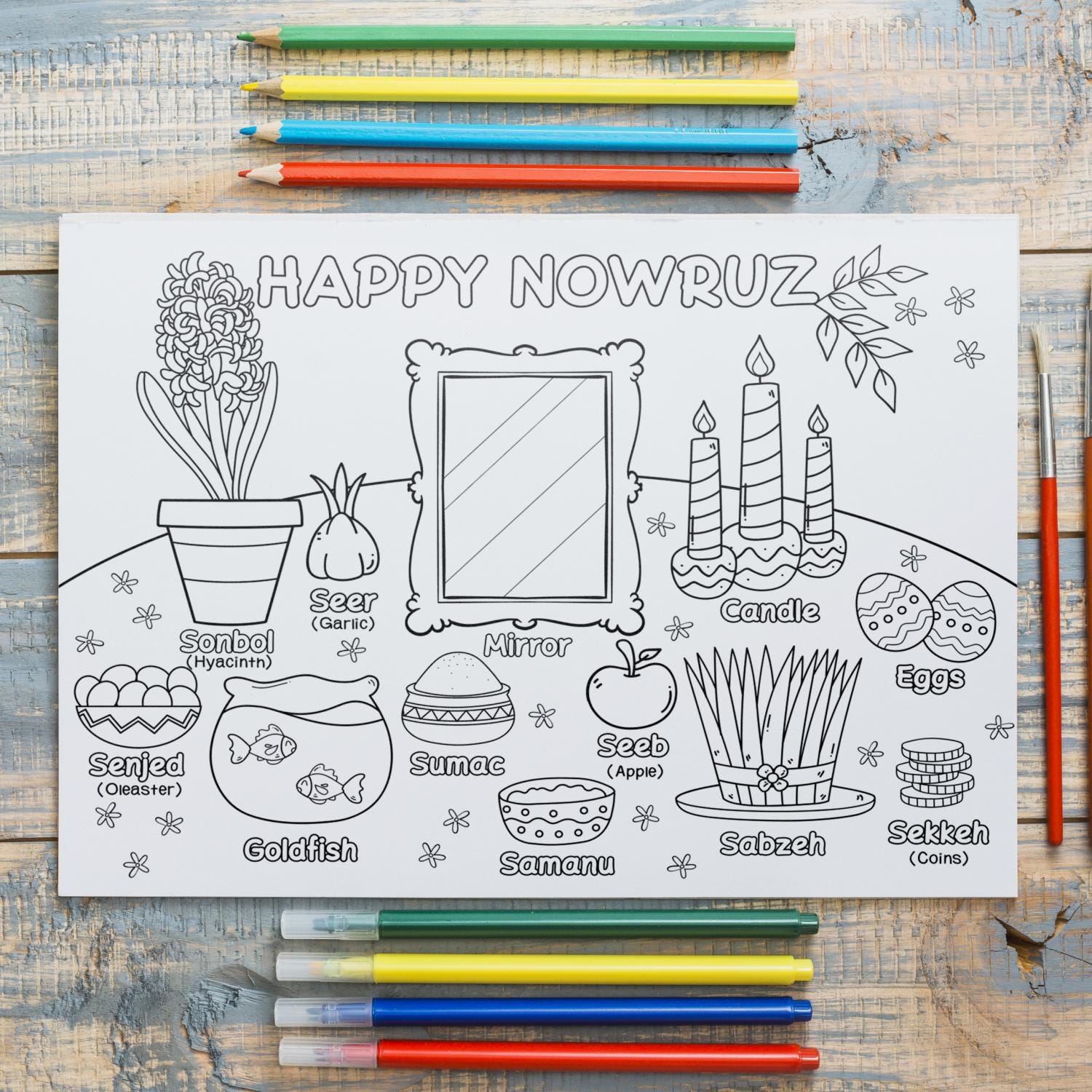 Haft-seen Coloring Page (english) | Persian New Year Coloring Activity ...