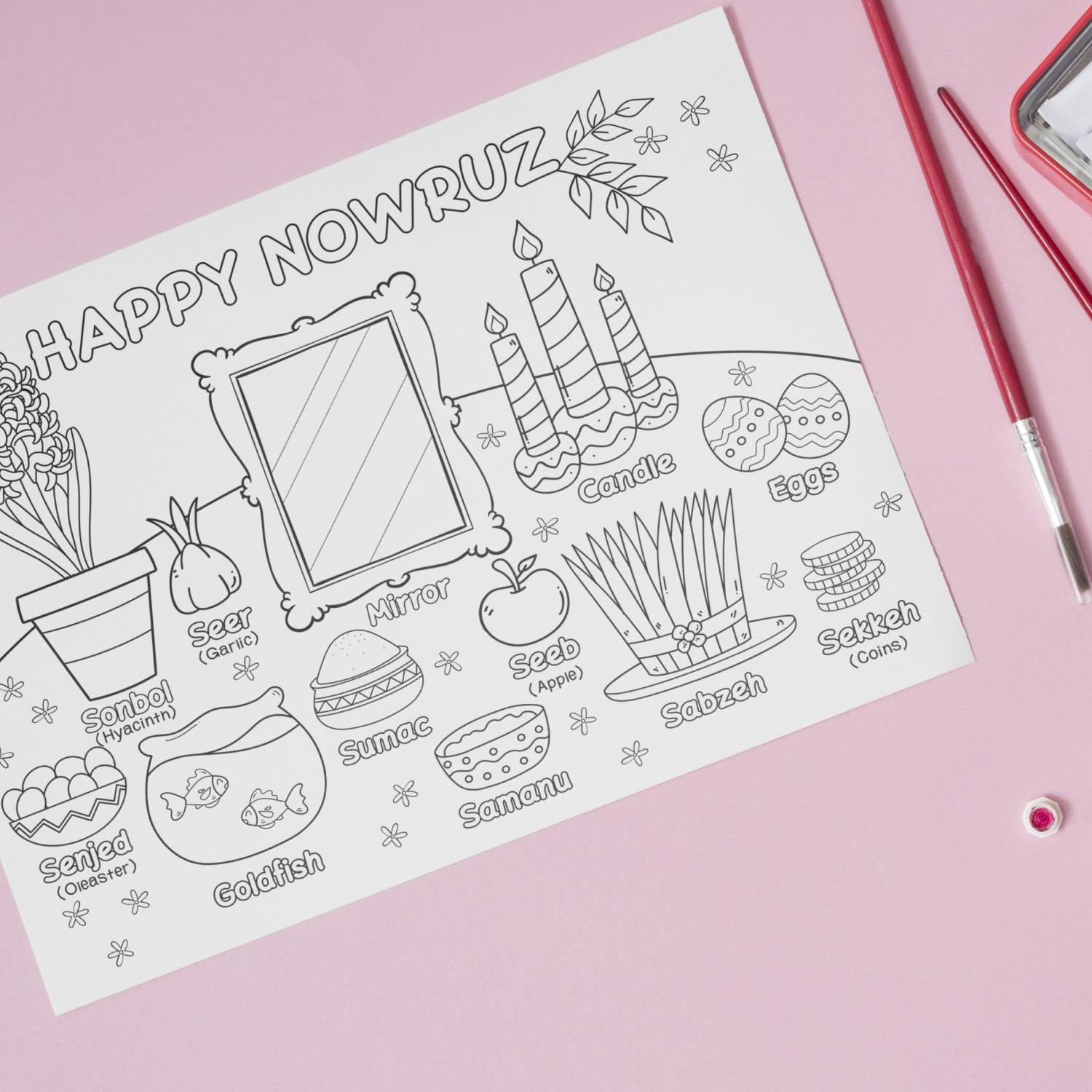 Haft-seen Coloring Page (english) | Persian New Year Coloring Activity ...
