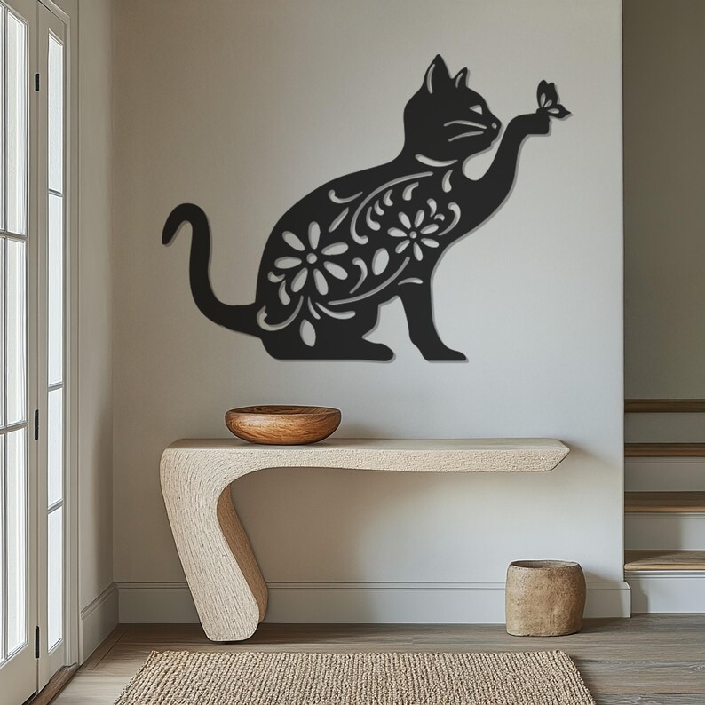 Floral Cat Metal Wall Art, Butterfly Cat Decor, Animal Themed Wall ...