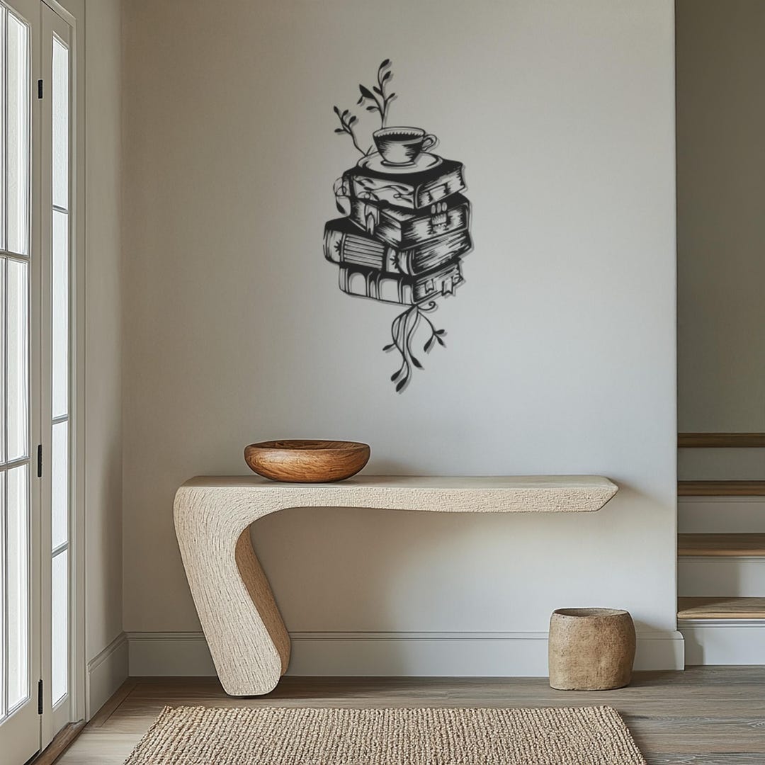 Books and Tea Metal Wall Art, Modern Literary Decor, Unique Home Accent ...