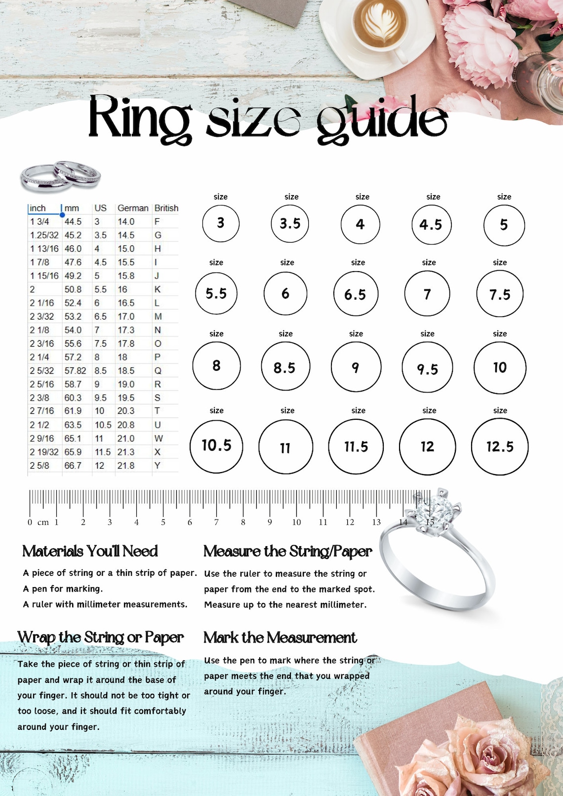 Ring Size Chart Printable Ring Sizer, Ring Size Guide, Printable Ring ...