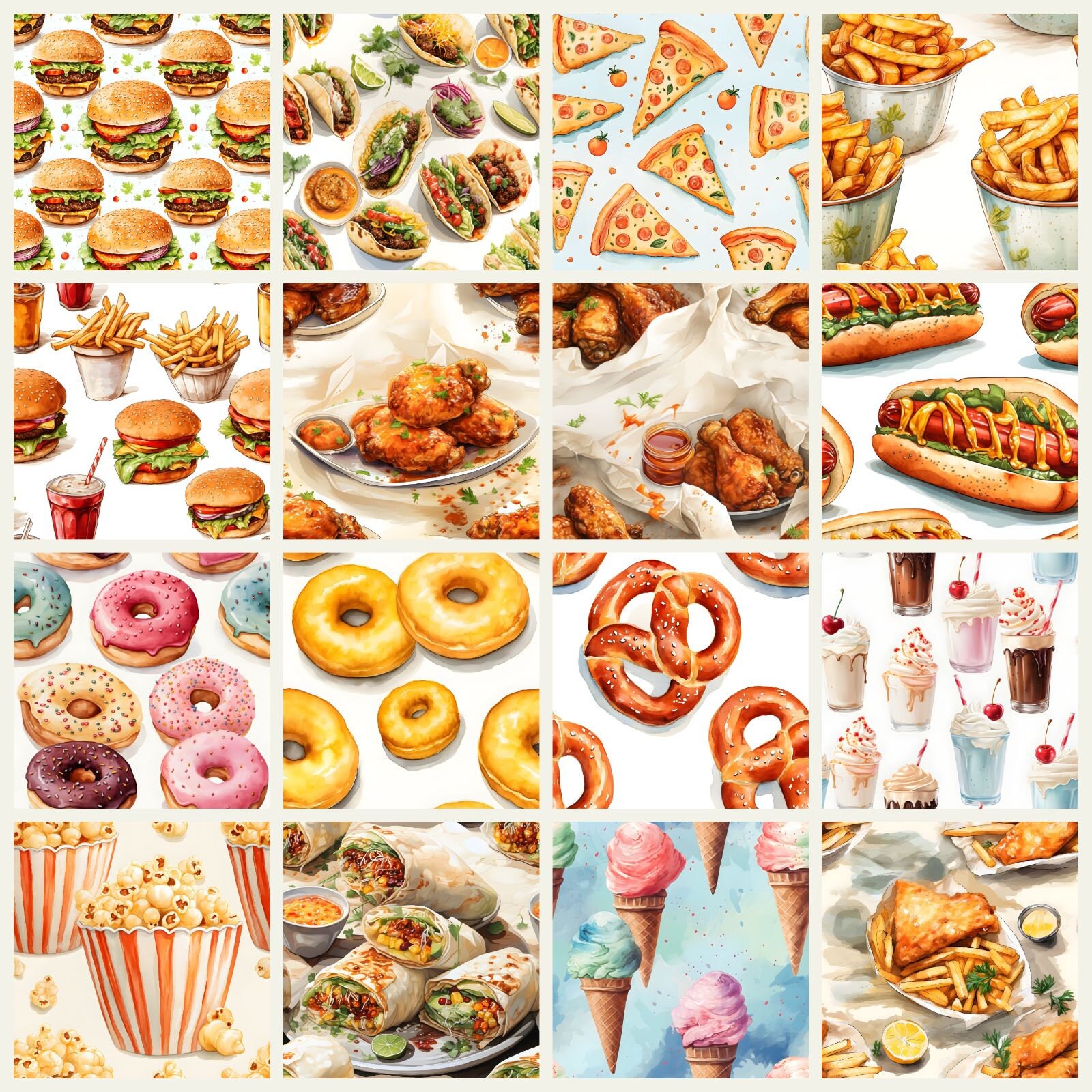Fast Food Watercolor Digital Pattern Seamless Paper Fast Food Art ...