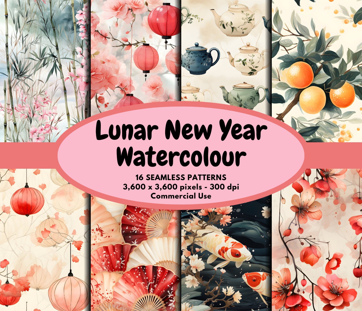Lunar New Year Watercolor Digital Pattern Seamless Paper Chinese New ...