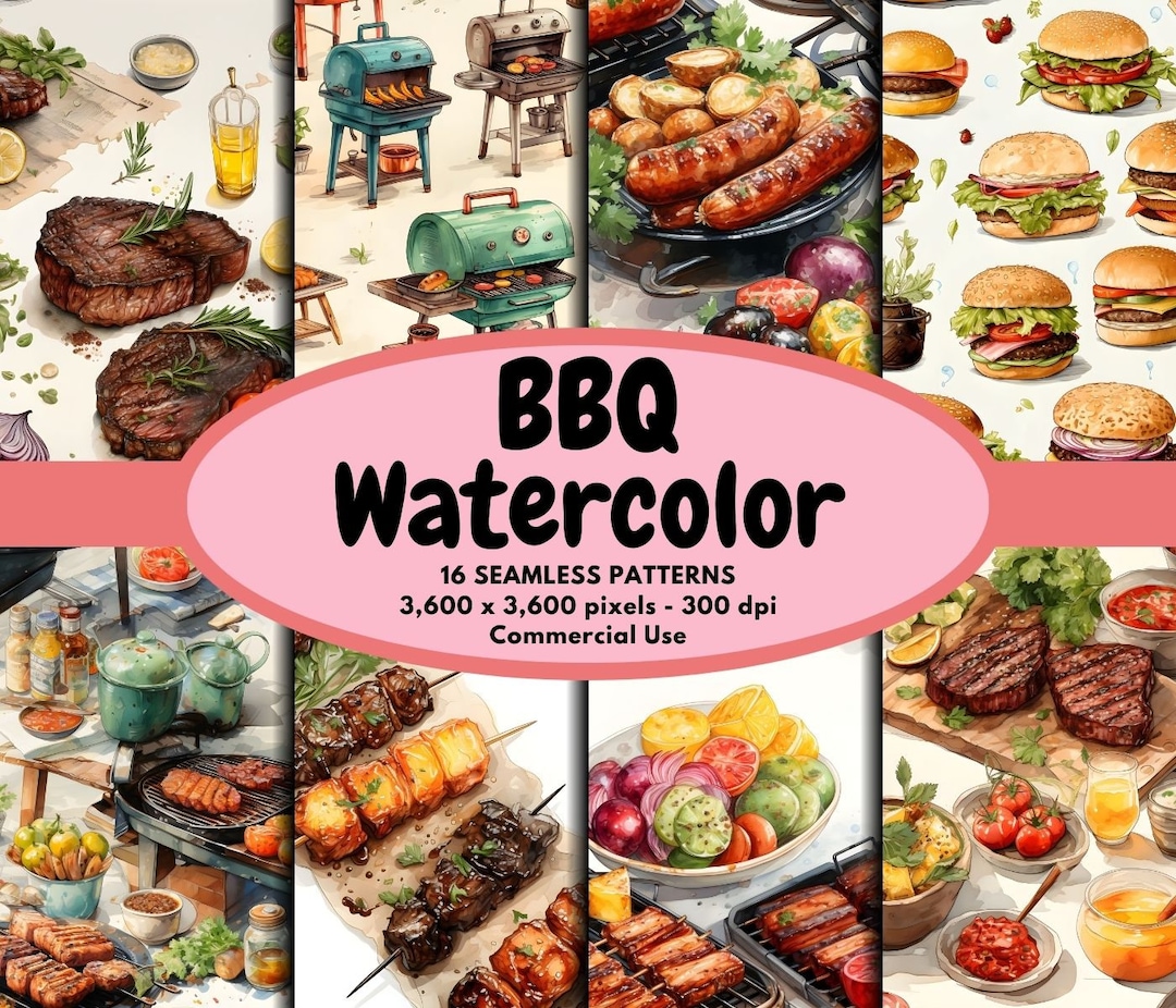 BBQ Watercolor Digital Pattern Seamless Paper Barbeque Digital Paper ...