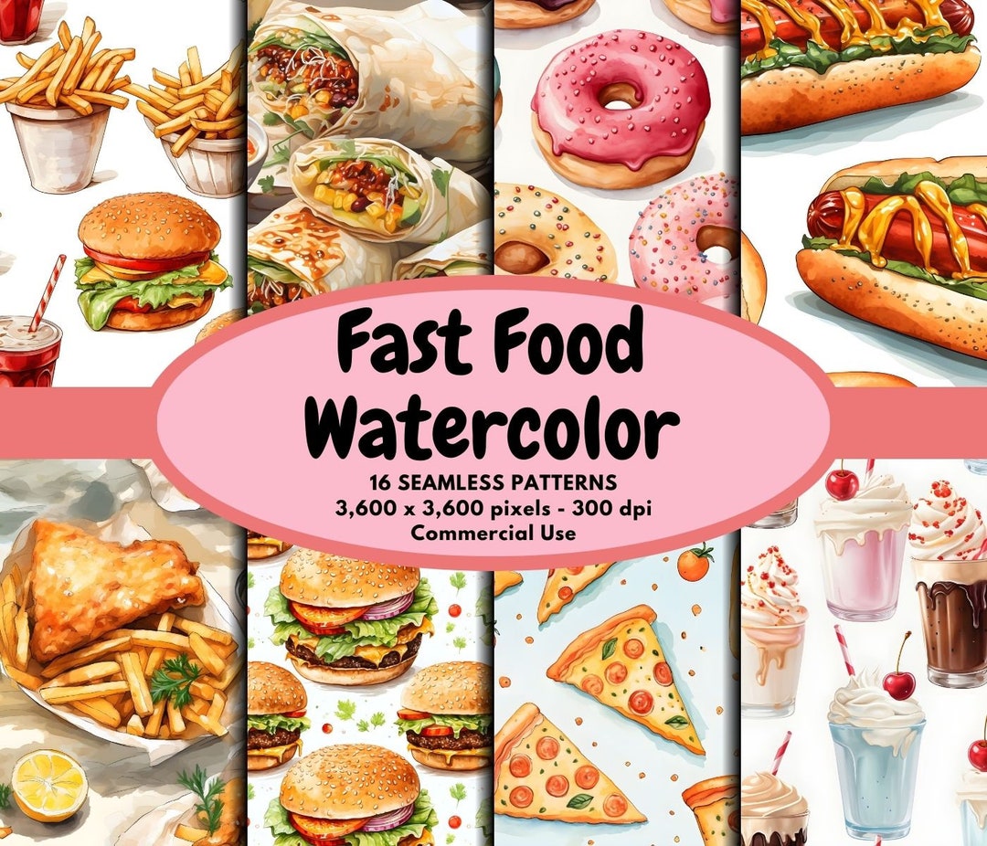 Fast Food Watercolor Digital Pattern Seamless Paper Fast Food Art ...
