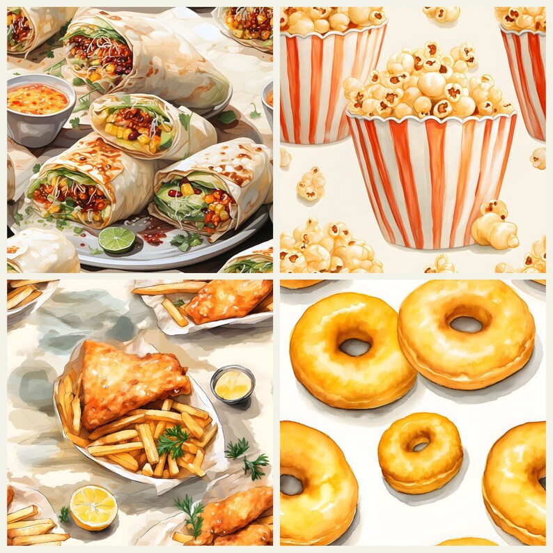 Fast Food Watercolor Digital Pattern Seamless Paper Fast Food Art ...