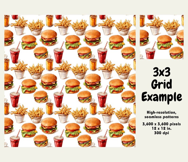 Fast Food Watercolor Digital Pattern Seamless Paper Fast Food Art ...