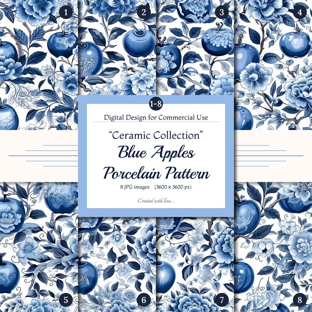 Blue Apple Porcelain Pattern, Seamless Digital Paper (commercial Use ...