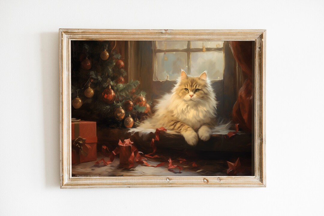Vintage Christmas Cat Painting Christmas Oil Painting Printable Cat
