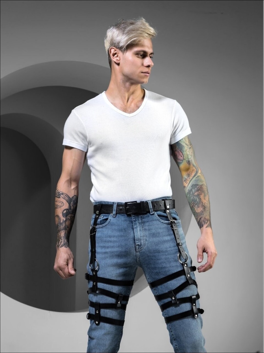 Leather Leg Harness Men Adjustable Harness Black & Red Waist Harness ...