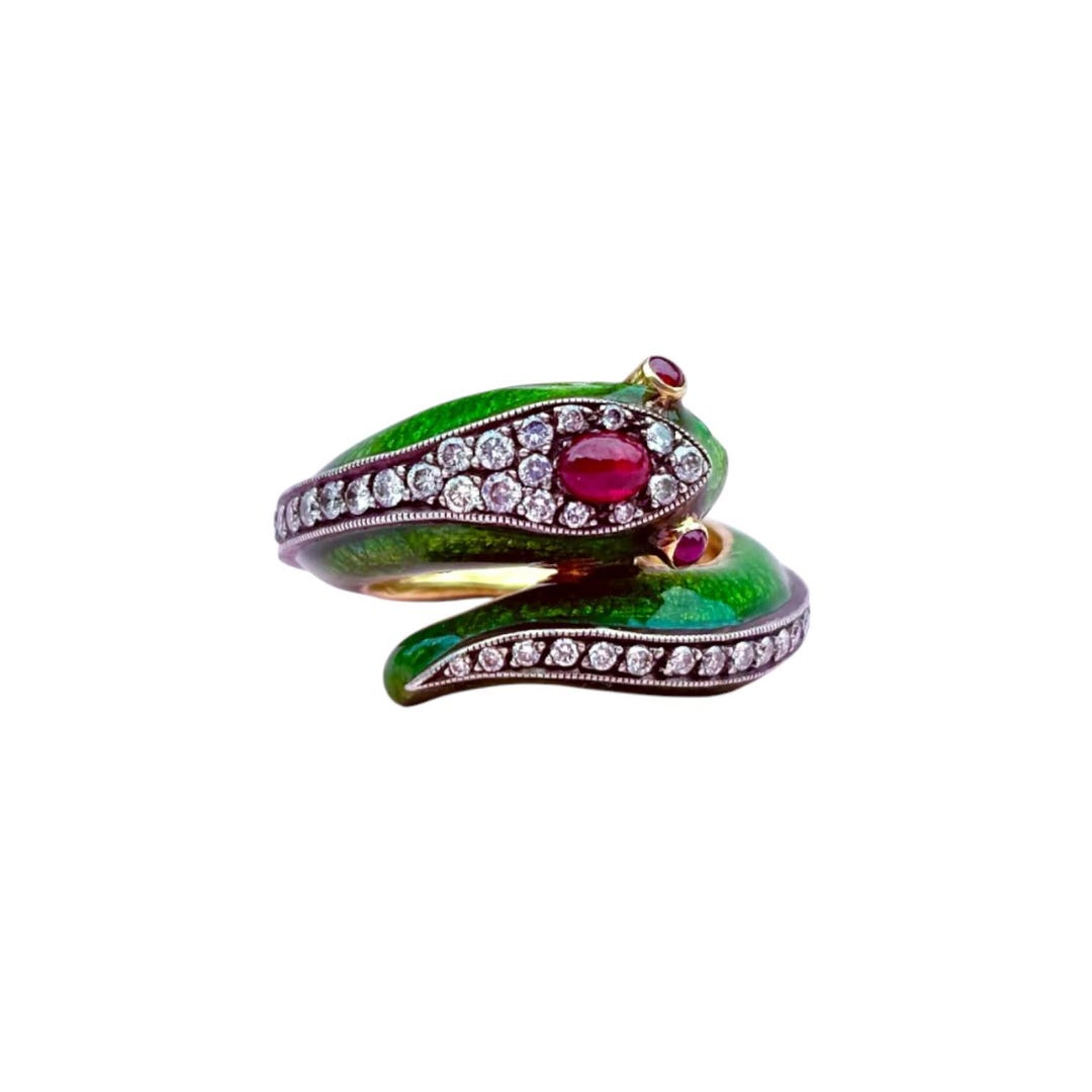 Absolutely Stunning 18K Solid Gold Snake Ring in Beautiful Green Enamel ...