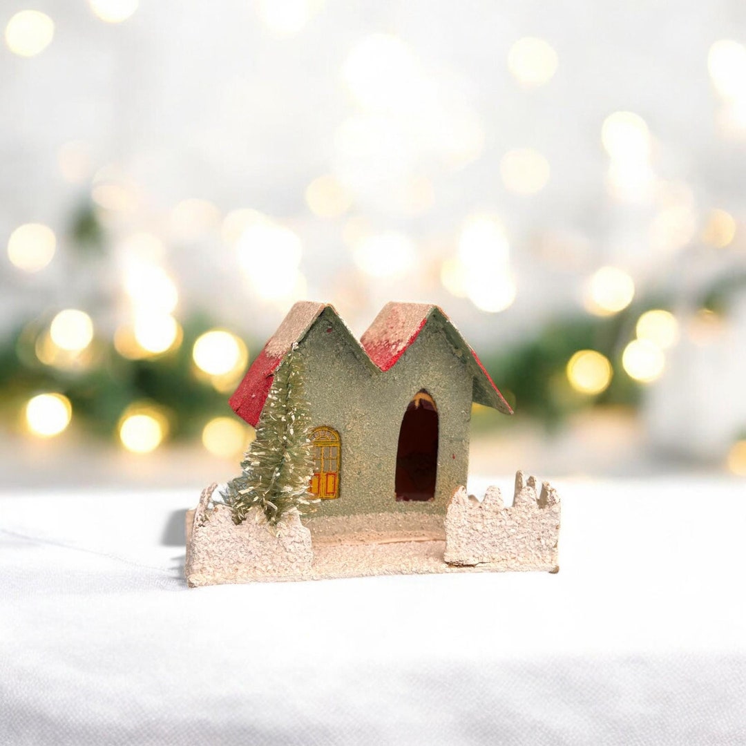 Vintage Putz House in Green With Two Roof Peaks in Red for Midcentury ...