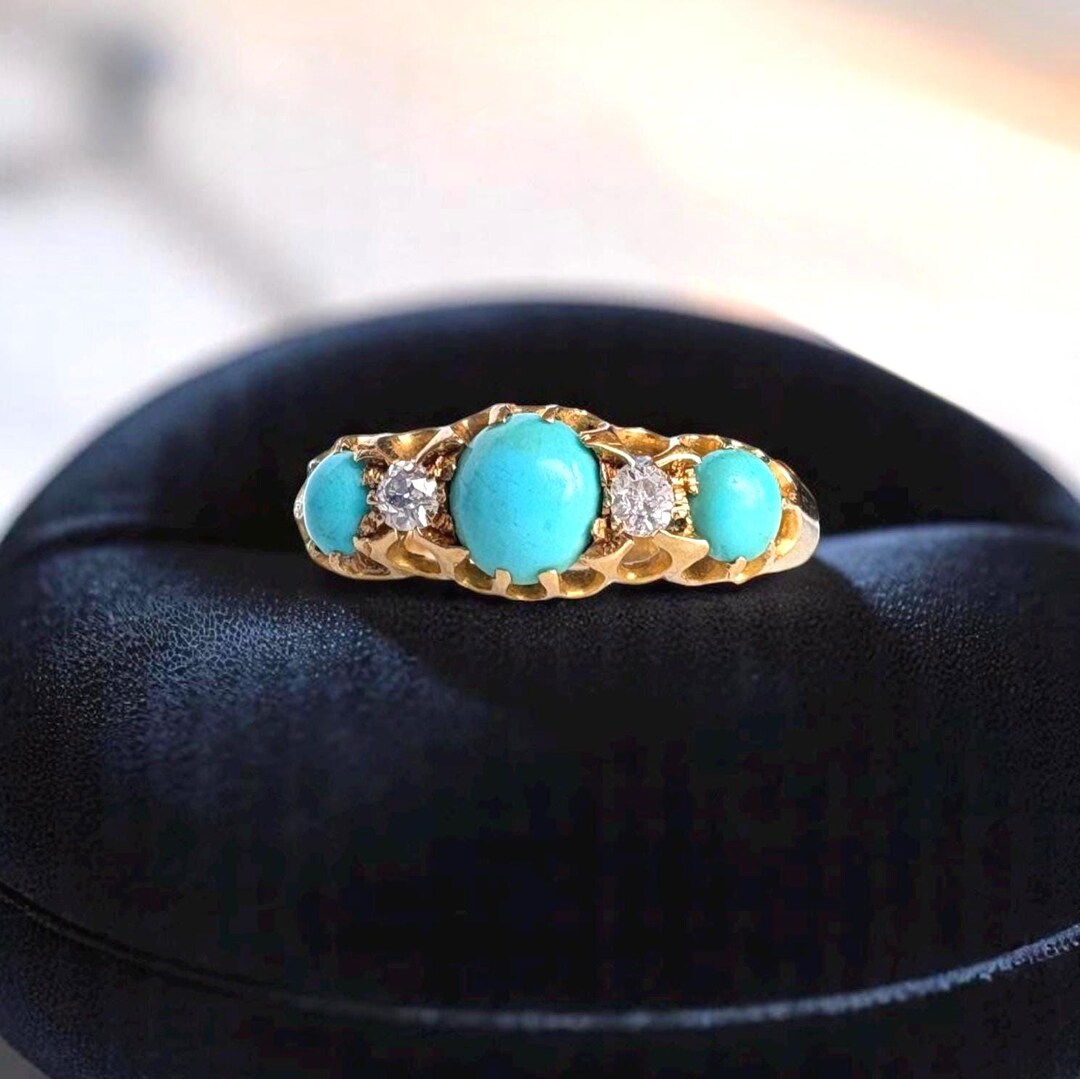 Antique 18K Gold Turquoise Diamond Ring With Victorian Setting. Full ...