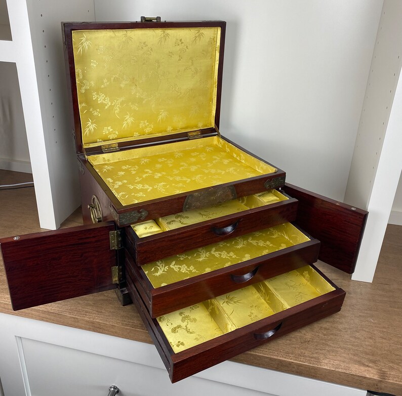 Beautiful Rosewood Jewelry Box With Brilliant Canary Yellow Silk Lining ...