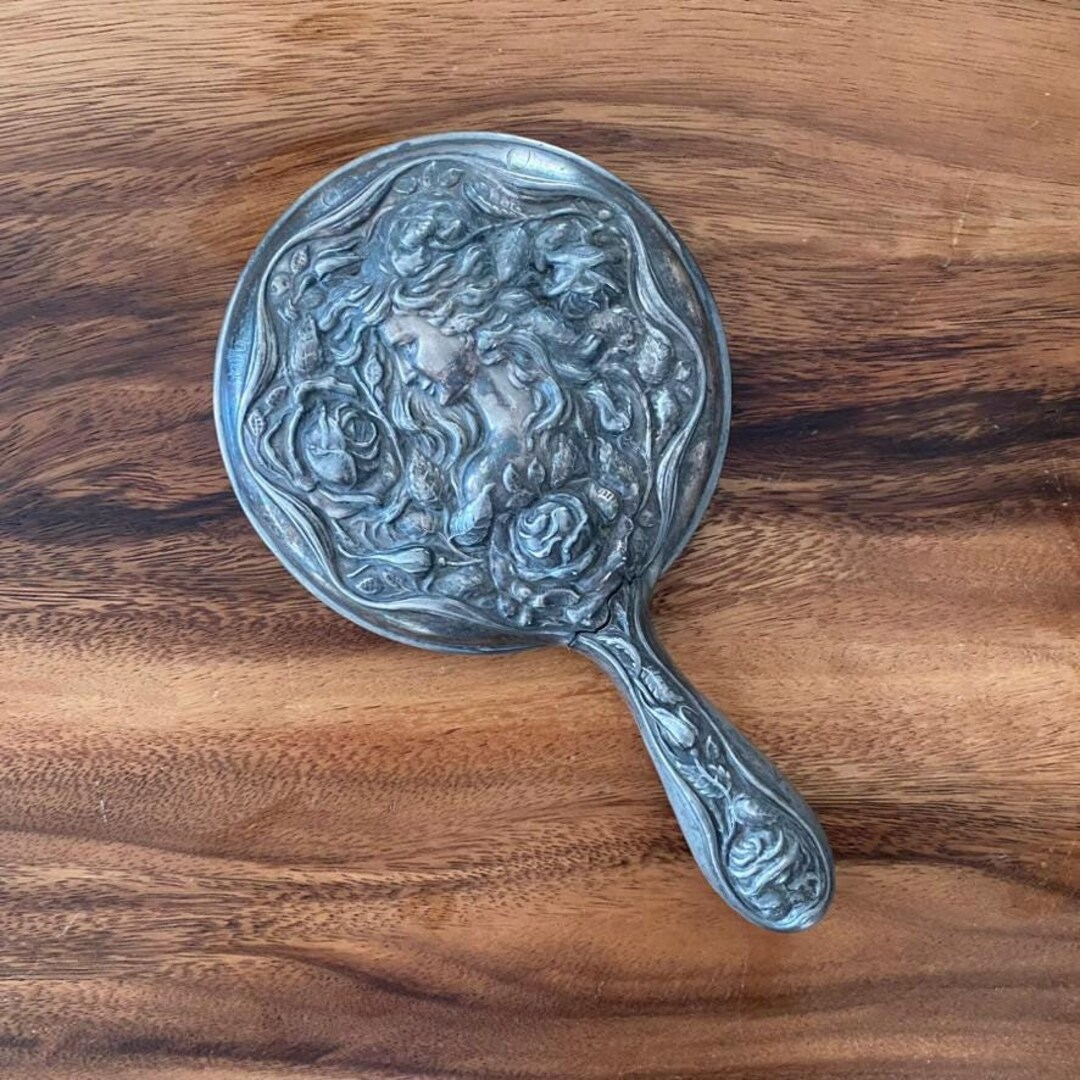 Antique Art Nouveau Repoussé Hand Mirror Featuring Beautiful Woman With ...