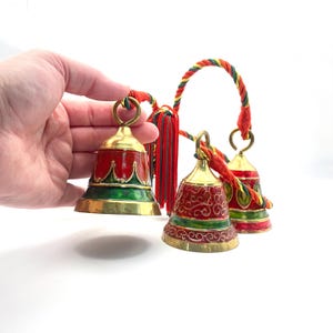 Vintage Brass Christmas Bells. Three Hand-painted Bells Tethered by a ...