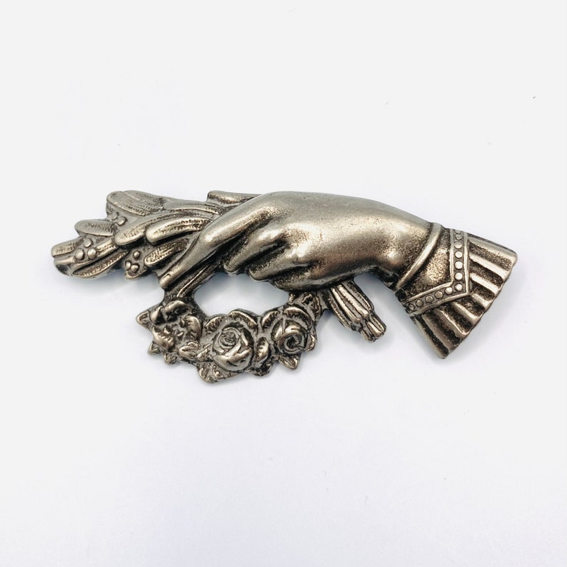 Vintage Victorian Repoussé Brooch of Hand Holding a Bouquet of Roses and Flowers. 2.75 Length X ...