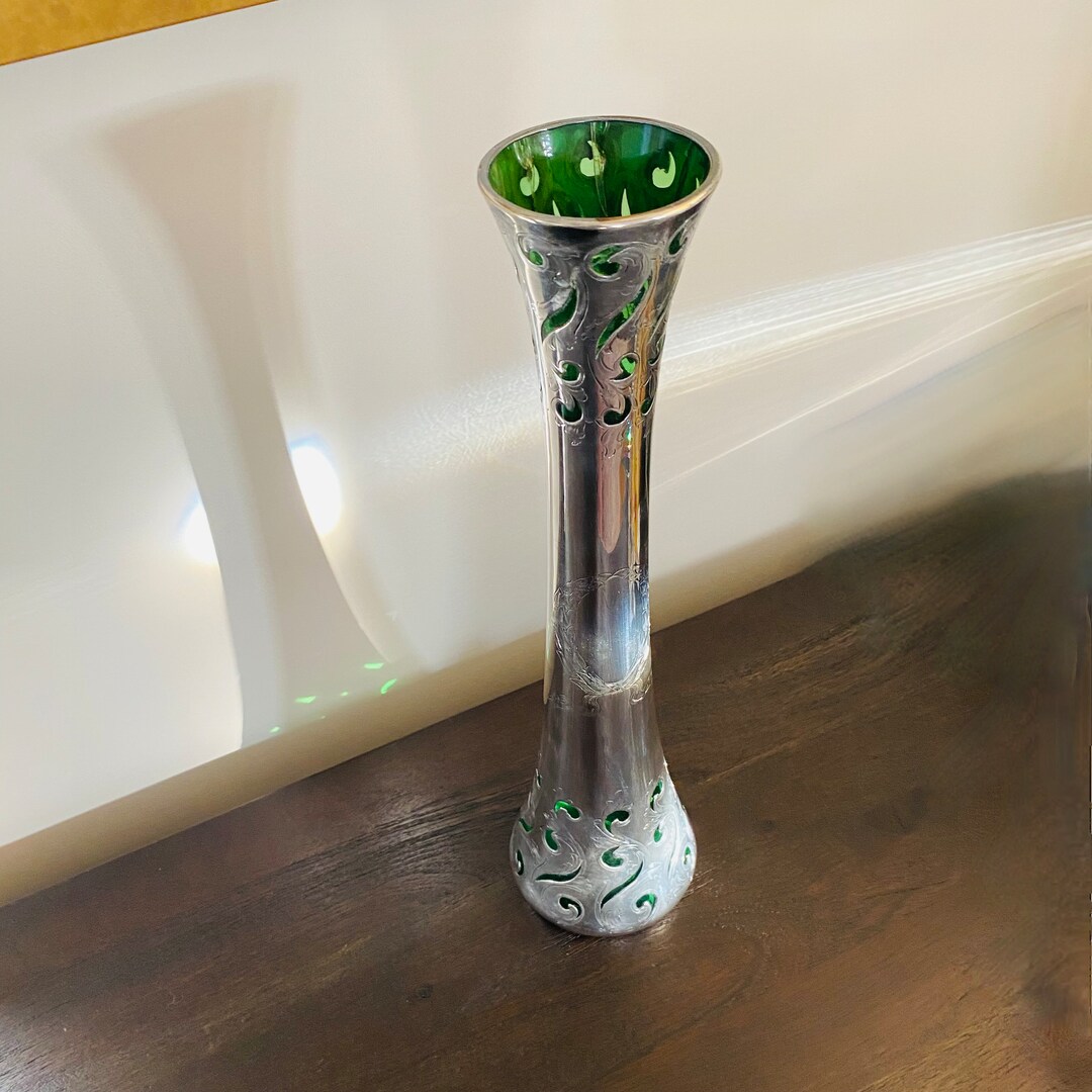 Antique Silver Overlay Art Nouveau Emerald Green Glass Vase, 14 Height ...