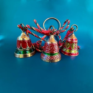Vintage Brass Christmas Bells. Three Hand-painted Bells Tethered by a ...