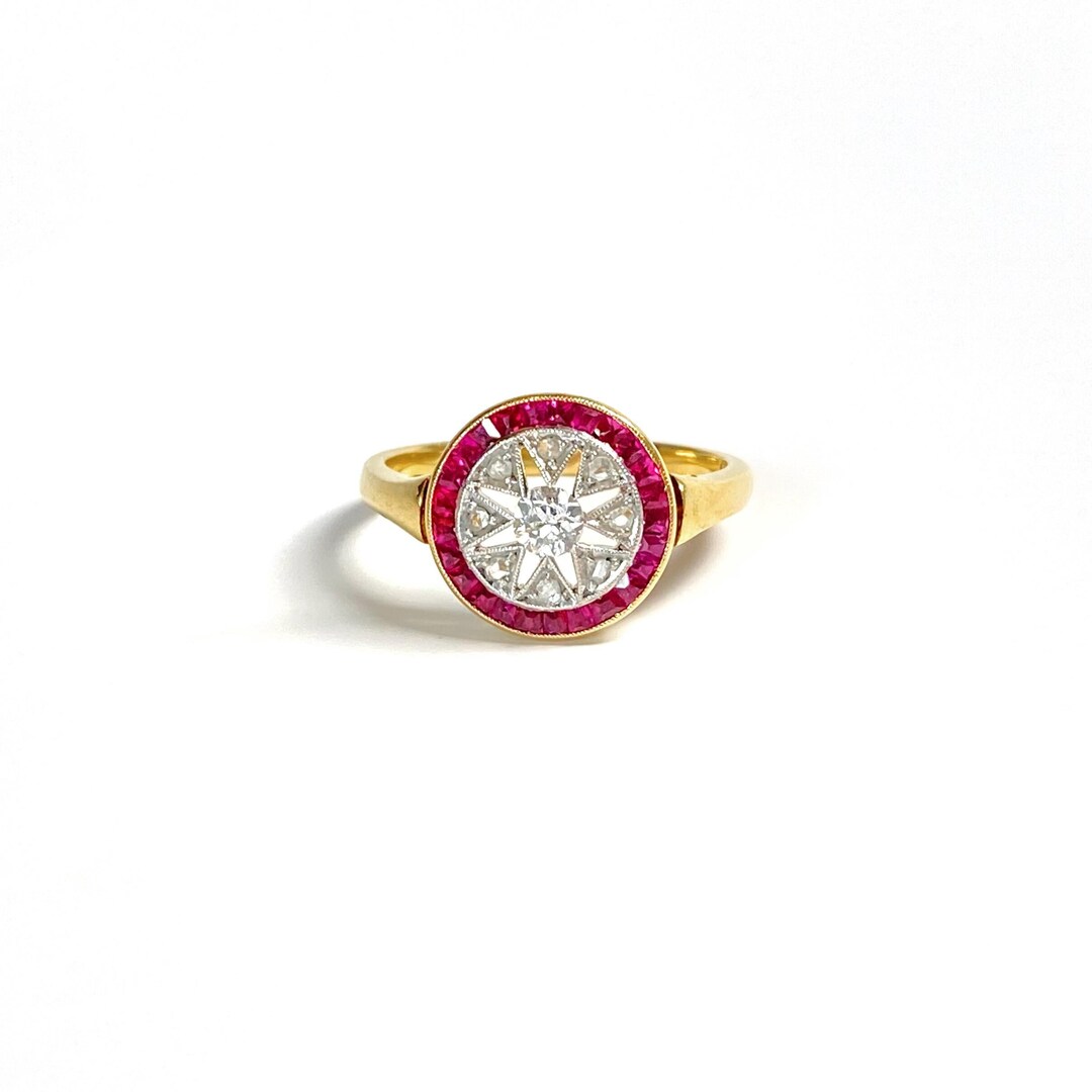 Estate 18k Gold, Diamond, and Ruby Halo Ring. Open Work Star Shape ...