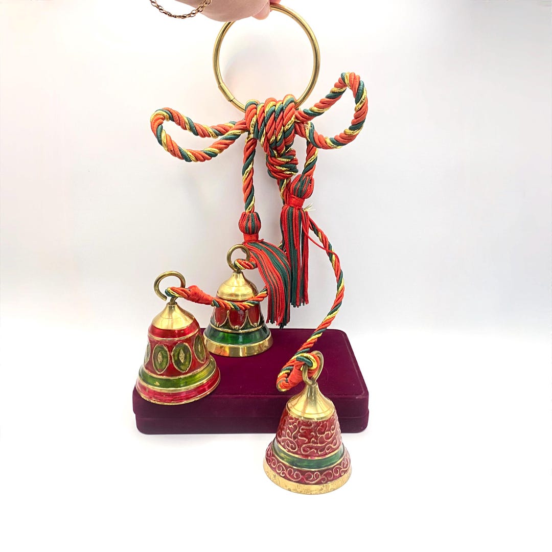 Vintage Brass Christmas Bells. Three Hand-painted Bells Tethered by a ...