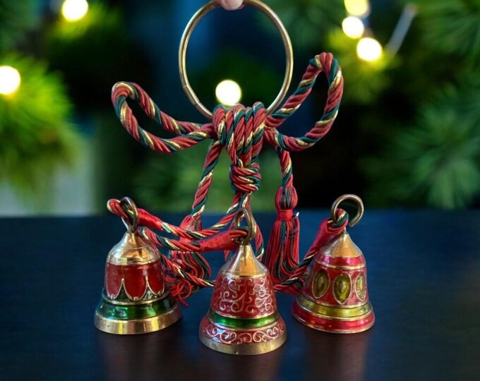 Vintage Brass Christmas Bells. Three Hand-painted Bells Tethered by a ...