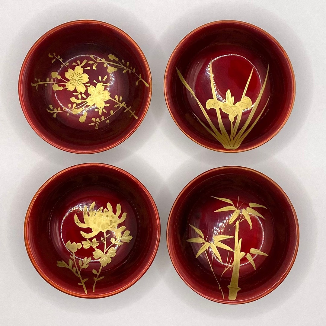 Vintage Japanese Red Lacquerware Set of 5. Each is Hand-painted With a ...