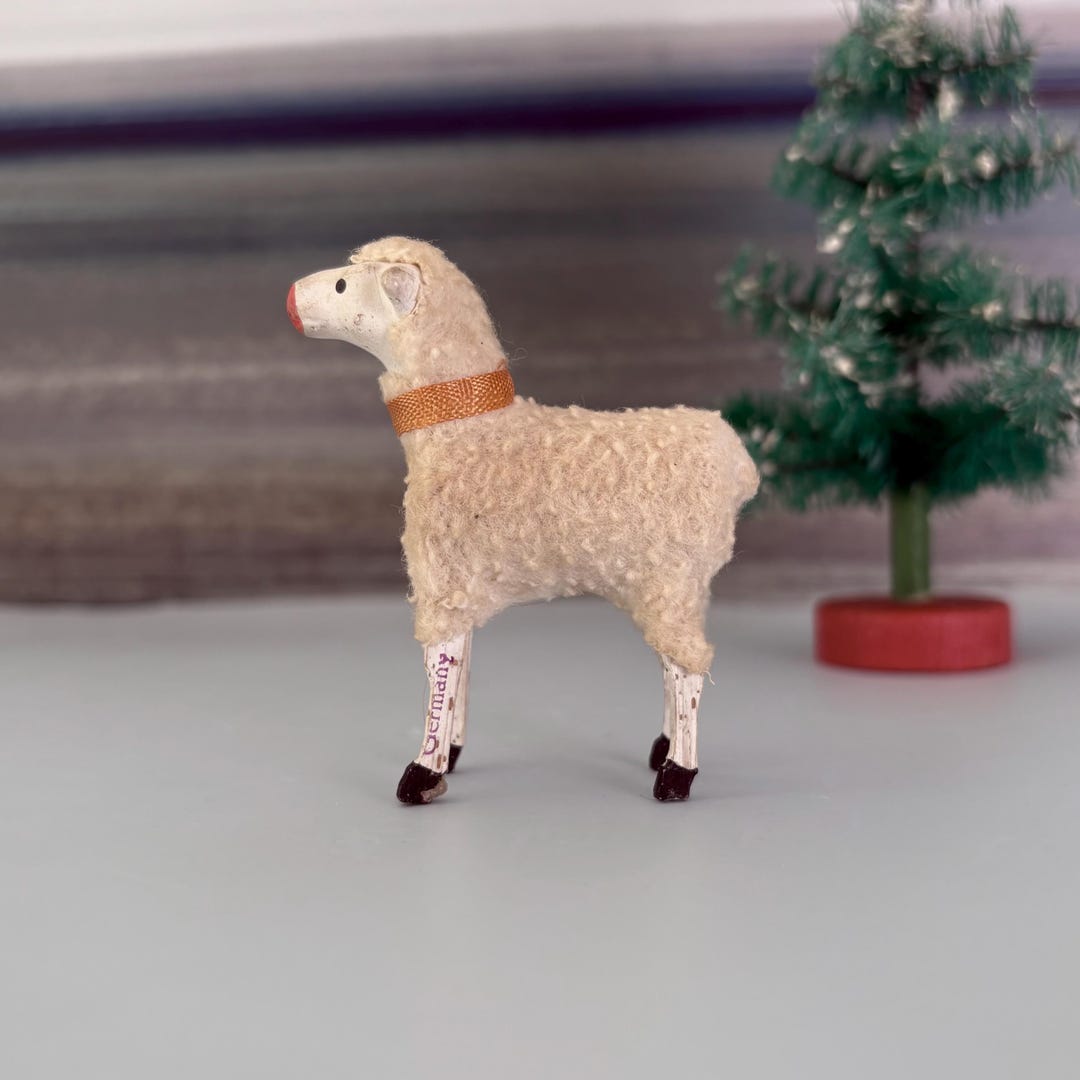 Antique German Putz Matchstick Sheep With Ribbon Collar, Wooly Body ...