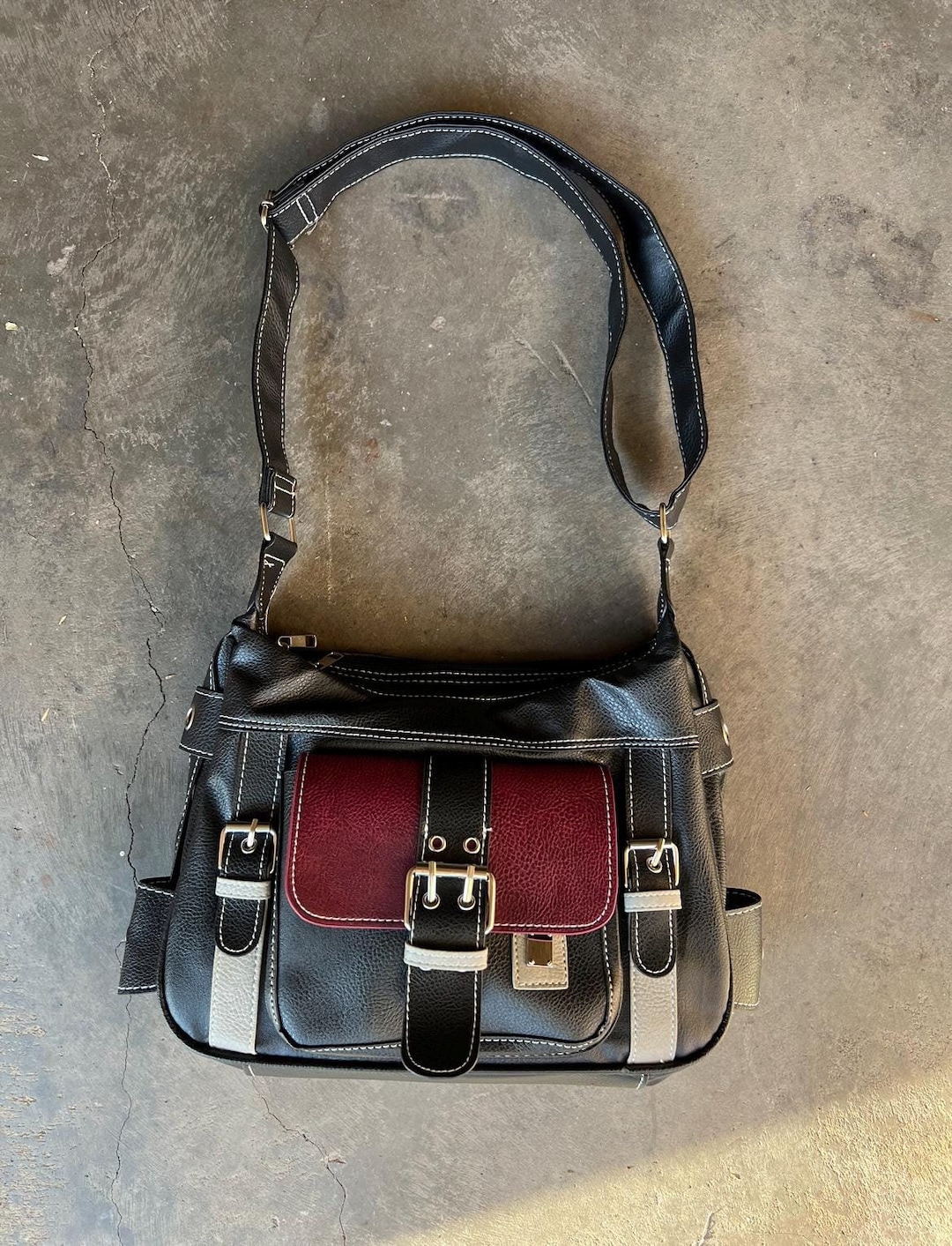 Y2k Ladies Black Adjustable PU Leather Handle Casual Handbag,punk Tote ...