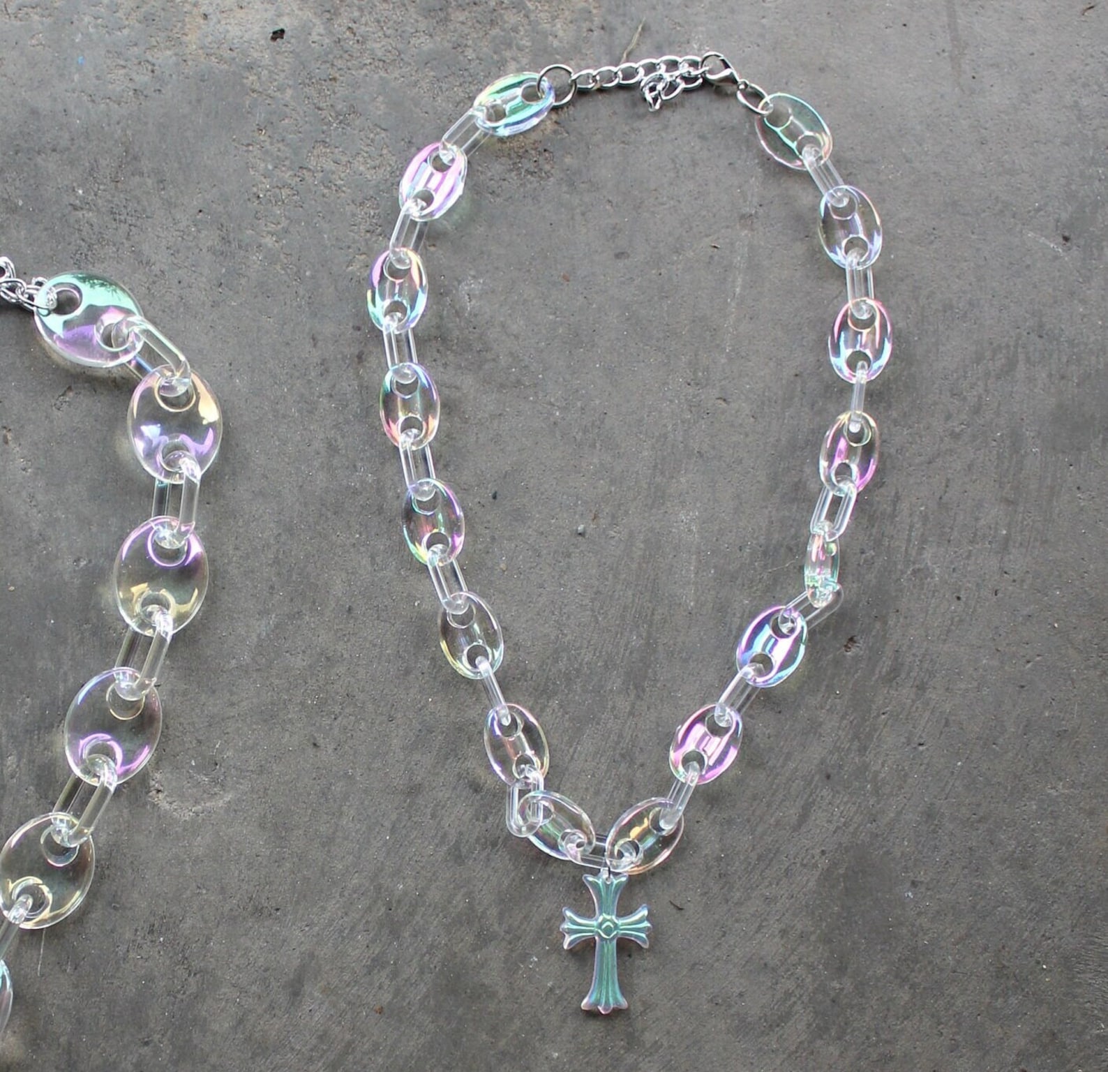 Iridescent Clear Resin Chunky Necklace, Holographic Clear Acrylic Links ...
