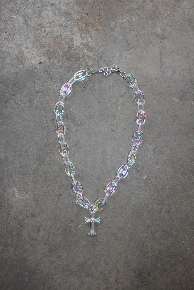 Iridescent Clear Resin Chunky Necklace, Holographic Clear Acrylic Links ...