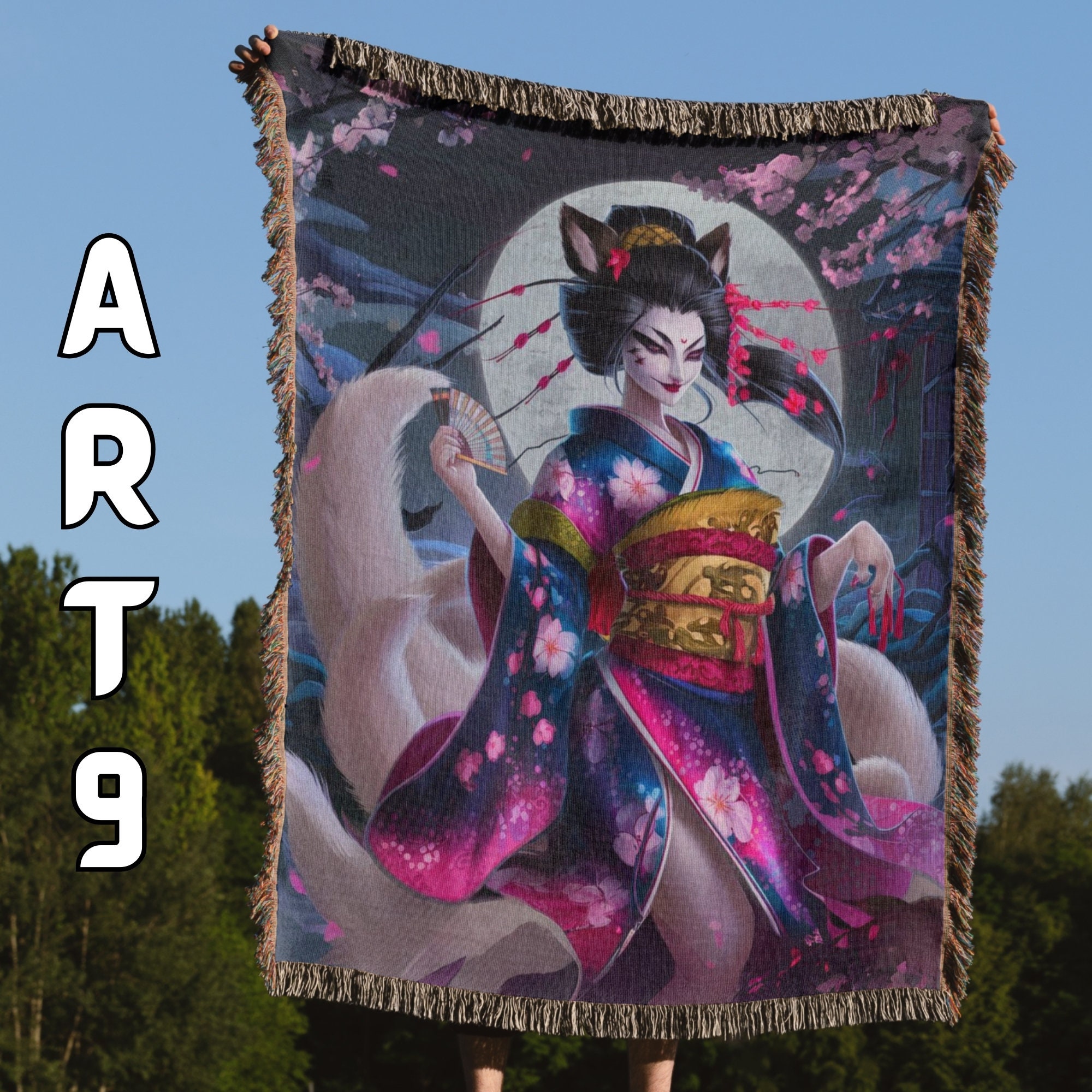 Anime Throw Blanket, Kitsune Geisha Design Japanese Wall Art, Fox ...