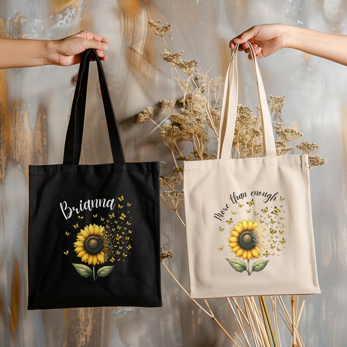Sunflower Custom Tote Bag, Personalized Text or Name Floral Tote ...