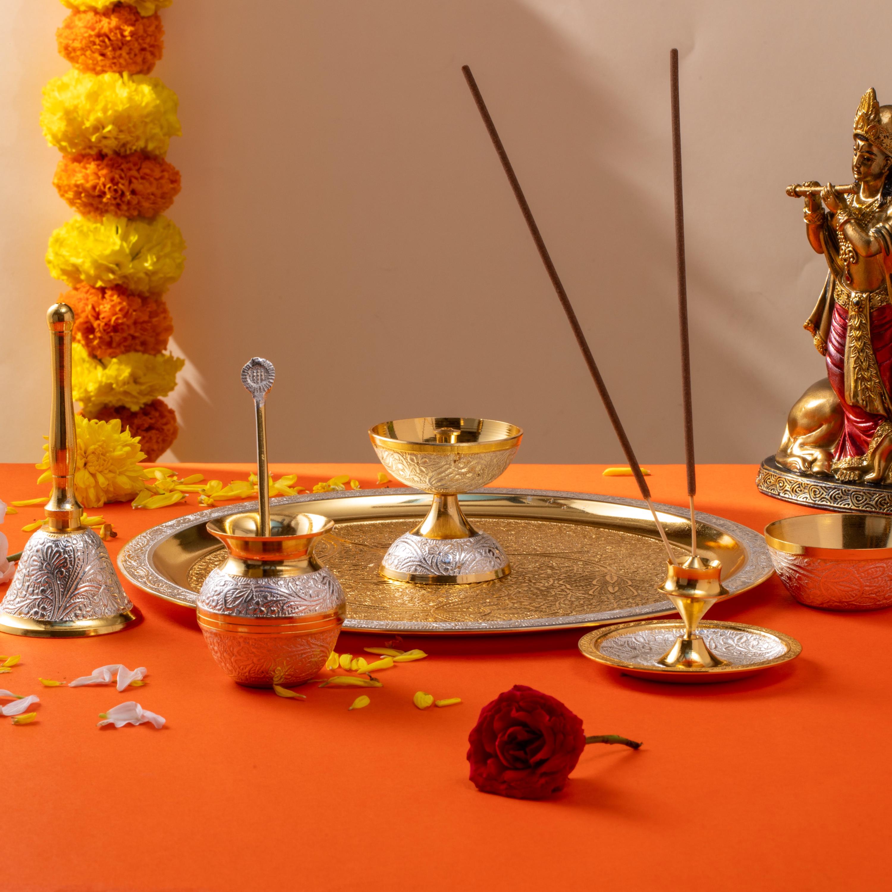 Pure Brass Pooja Thali Set - Handmade Hindu Puja Aarti Plate, Bell ...
