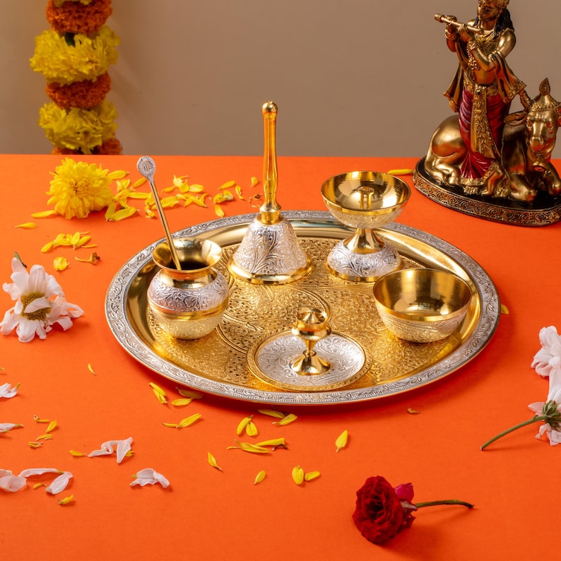 Pure Brass Pooja Thali Set - Handmade Hindu Puja Aarti Plate, Bell ...