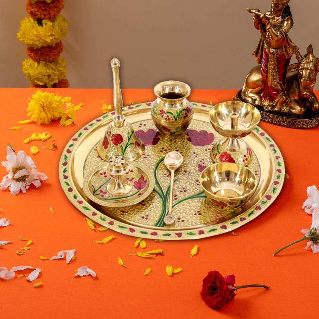 Pure Brass Pooja Thali Set - Handmade Hindu Puja Aarti Plate, Bell ...