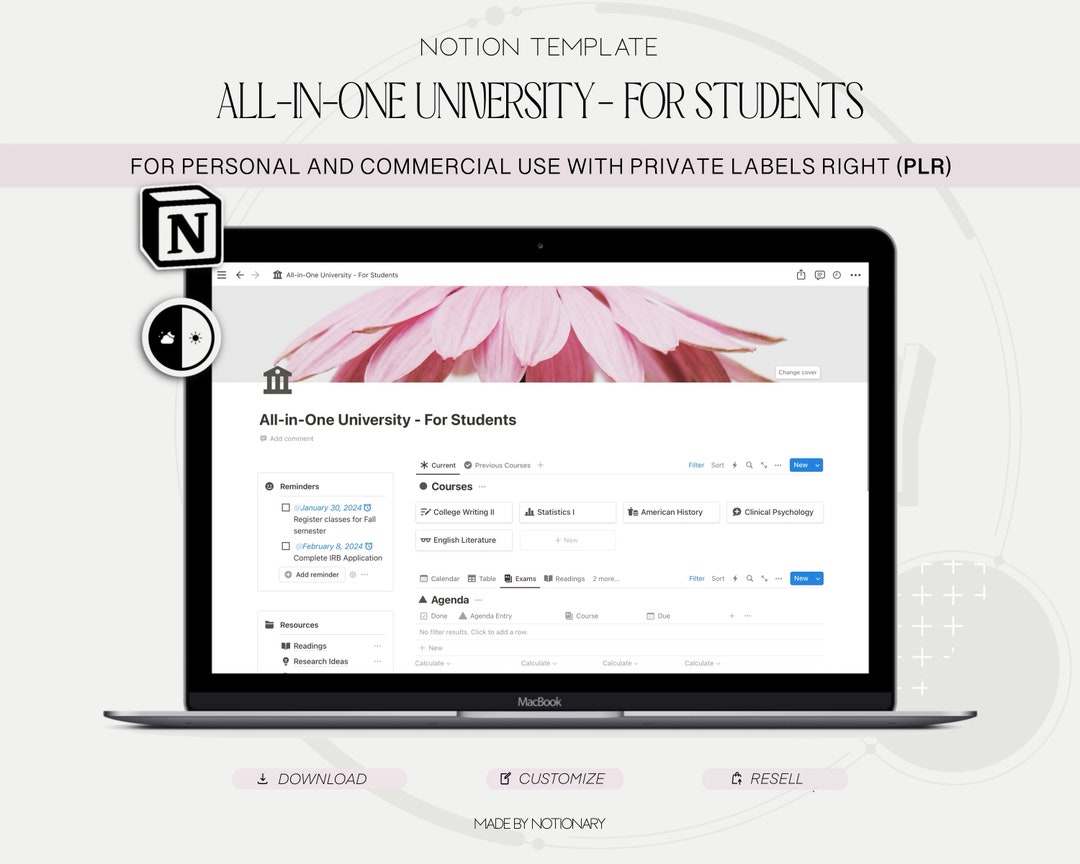 Plr Notion University Planner Template - Digital Download, Customizable ...