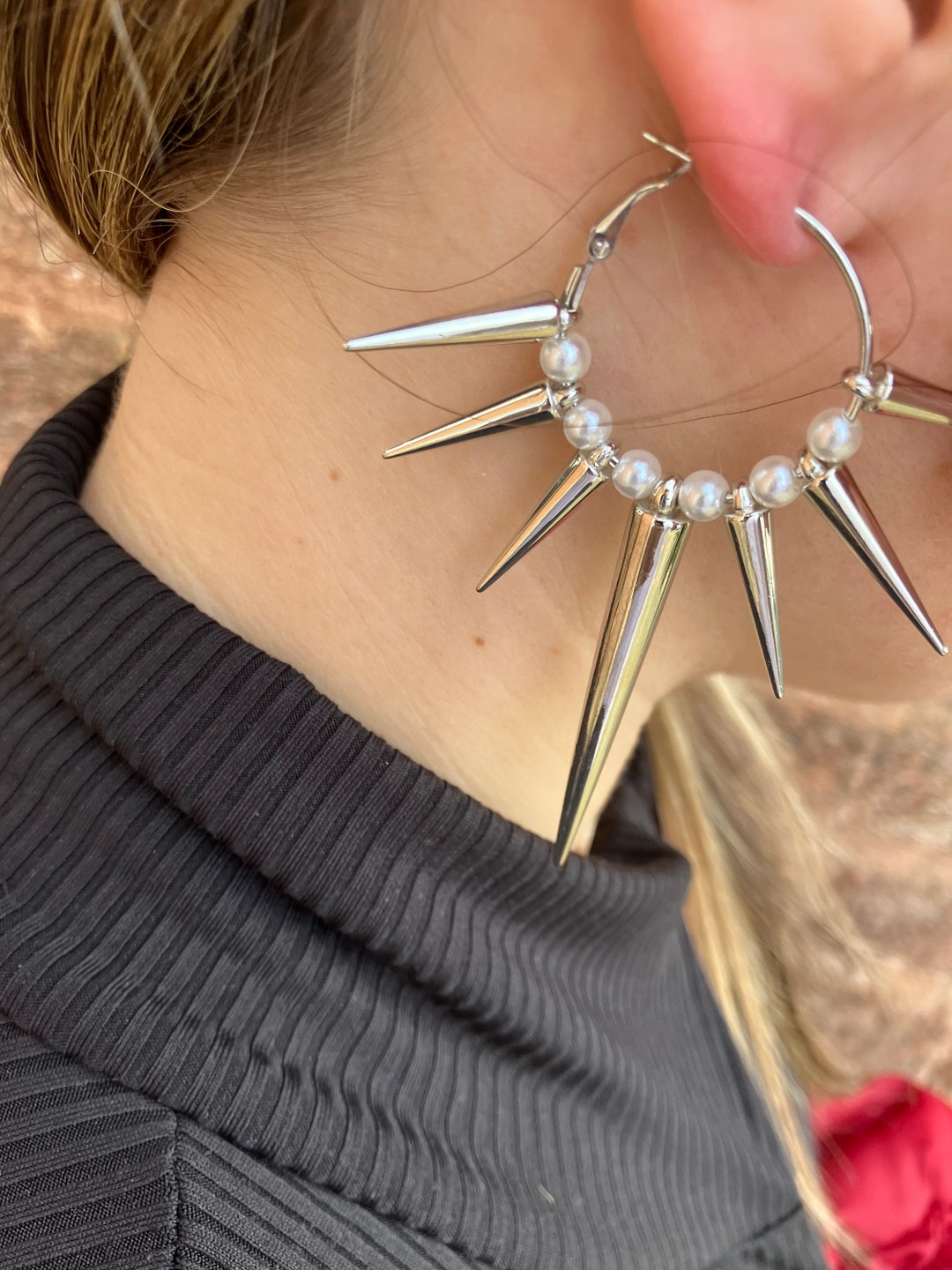 Silver Spike Earrings Beaded Spike Earrings Black and White Gothic Streetwear Spike Hoop ...