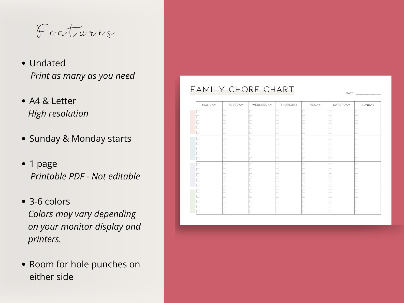 Family Chore Chart Printable Landscape, Weekly Household Chores for ...